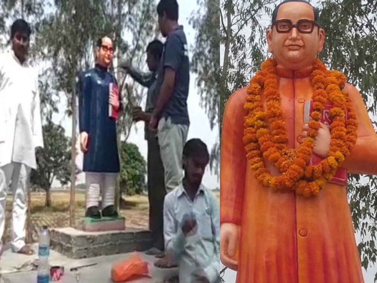 Statue of BR Ambedkar that was painted saffron repainted to blue after ...