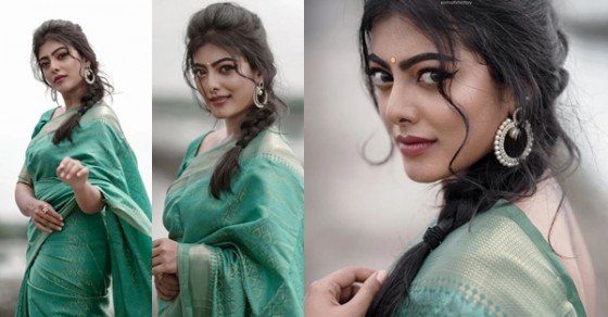 Malayalam Actress Merin Philip Stunning Looks in Green Saree, Viral ...