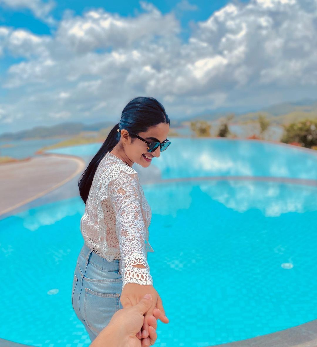 South Actress Namitha Pramod Glamorous Look in White Top and Blue Jeans ...