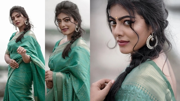 Malayalam Actress Merin Philip Stunning Looks in Green Saree, Viral ...