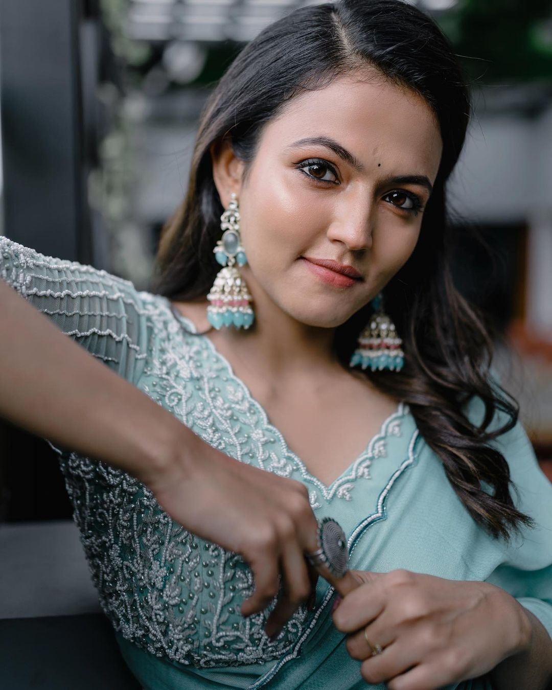 Priyan Ottathilanu Actress Aparna Das Looking Gorgeous In Cyan Color Saree, New Photos Goes ...