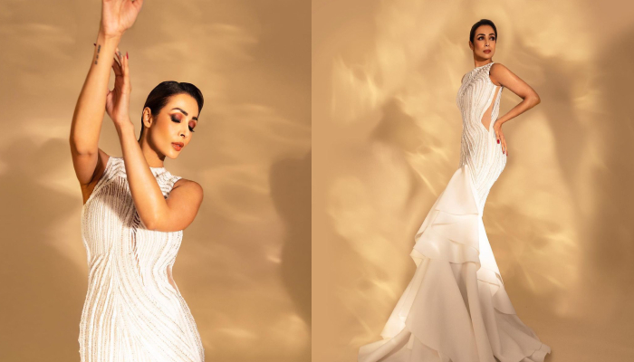 Photos: कैमरे के सामने मलाइका का बोल्ड पोज हुआ कैप्चर, व्हाइट गाउन में ...