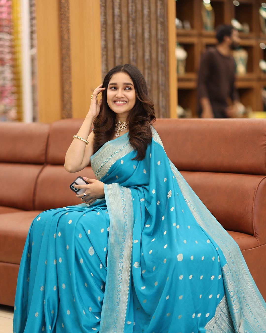 South Actress Anikha Surendran Attractive in Blue Pattu Saree, Goes ...