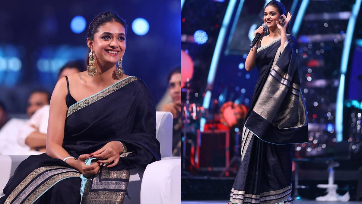 Actress Keerthy Suresh Stunning Entry in Black Saree in Audio Launch Event of Mamannan | Keerthy ...