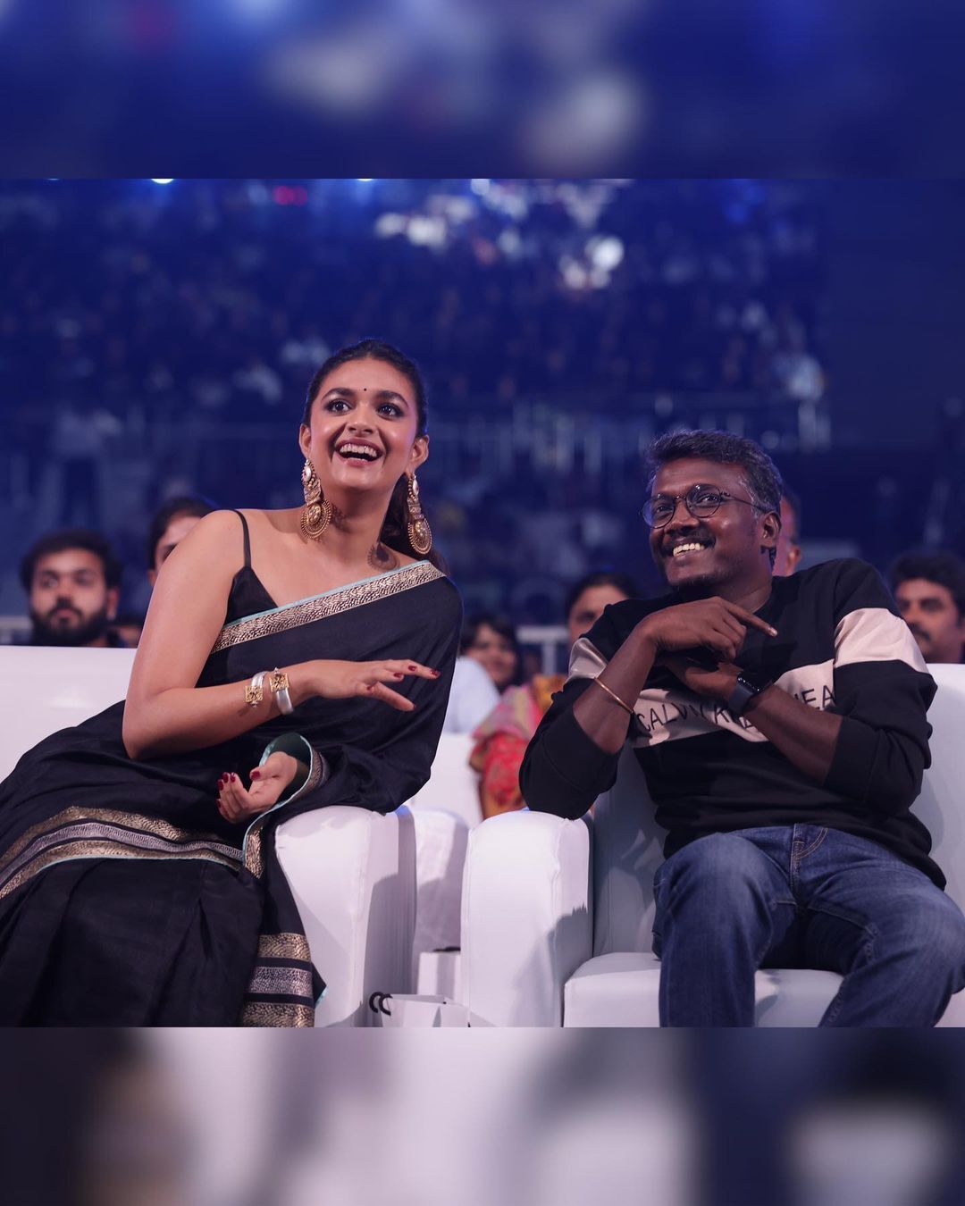 Actress Keerthy Suresh Stunning Entry in Black Saree in Audio Launch Event of Mamannan | Keerthy ...